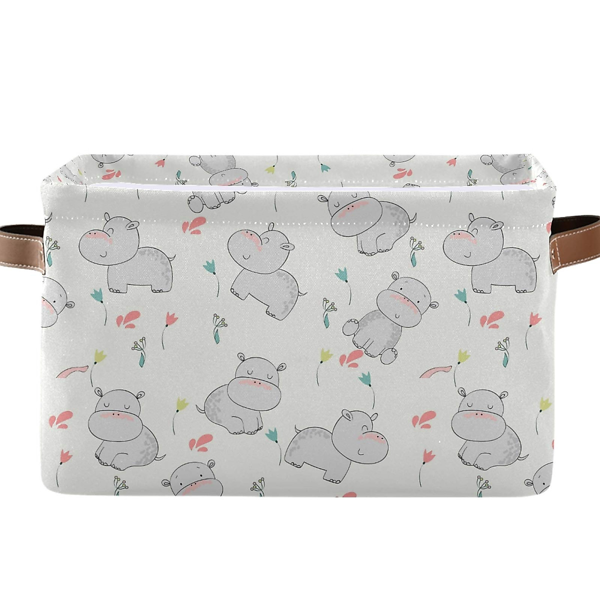 2 Pack Storage Basket Cute Hippo Collapsible Organizer Basket with PU Handles, Waterproof Nursery Basket Storage Bin for Shelves for Organizing Closet