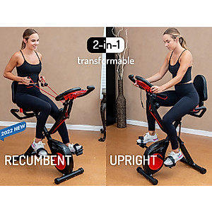 YYFITT 3-In-1 Folding Exercise Bike, Stationary Bikes for Home with Arm Workout Bands, Indoor Fitness Bike with 16 Levels Magnetic Resistance, Full Support Back Pad and Phone Holder, 2-in-1 Bike Frame