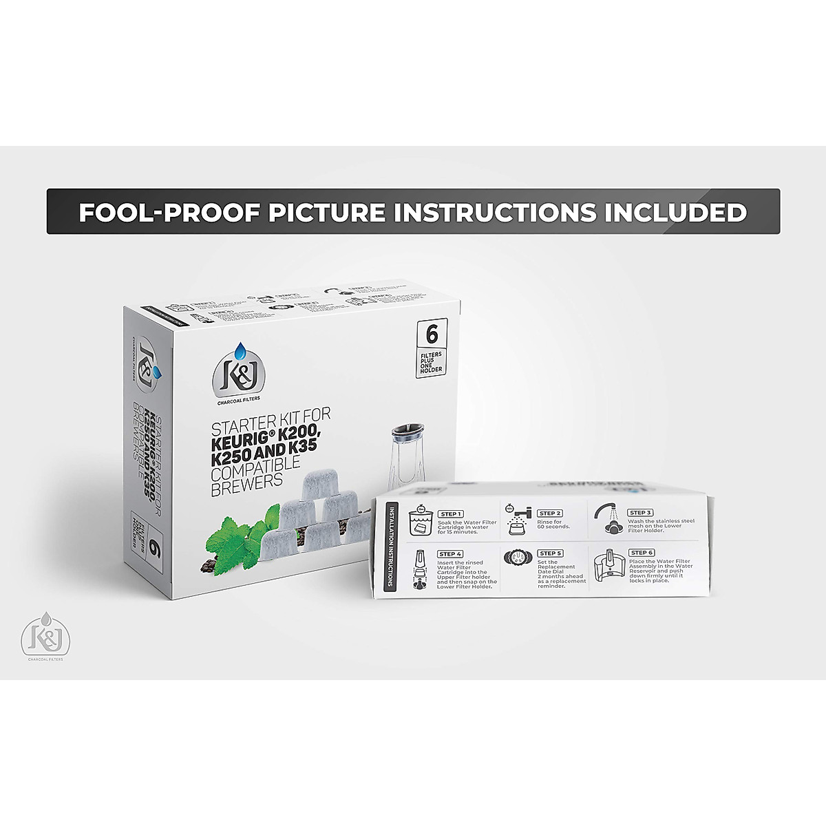 K&J Replacement Keurig Starter Kit for K200, K250, K35, and K-compact Brewers- Includes Rear Reservoir Filter Holder And 6-pack of Keurig 2.0 Compatible Water Filters