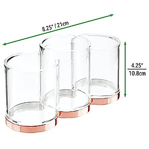 mDesign 3- Section Makeup Brush Organizer for Bathroom Vanity - Plastic Brush Holder for Makeup - Storage Cup for Eyeliner, Lipstick, Concealer - Cosmetic Holder, Lumiere Collection, Clear/Rose Gold