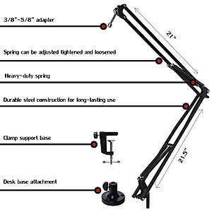 LyxPro DKR-1 Microphone Arm Stand Mount Adjustable Mic Boom Stand Swivel Mount Suspension Scissor & Clip - Desk Attachment and Clamp, Supports Blue Yeti Snowball,Black