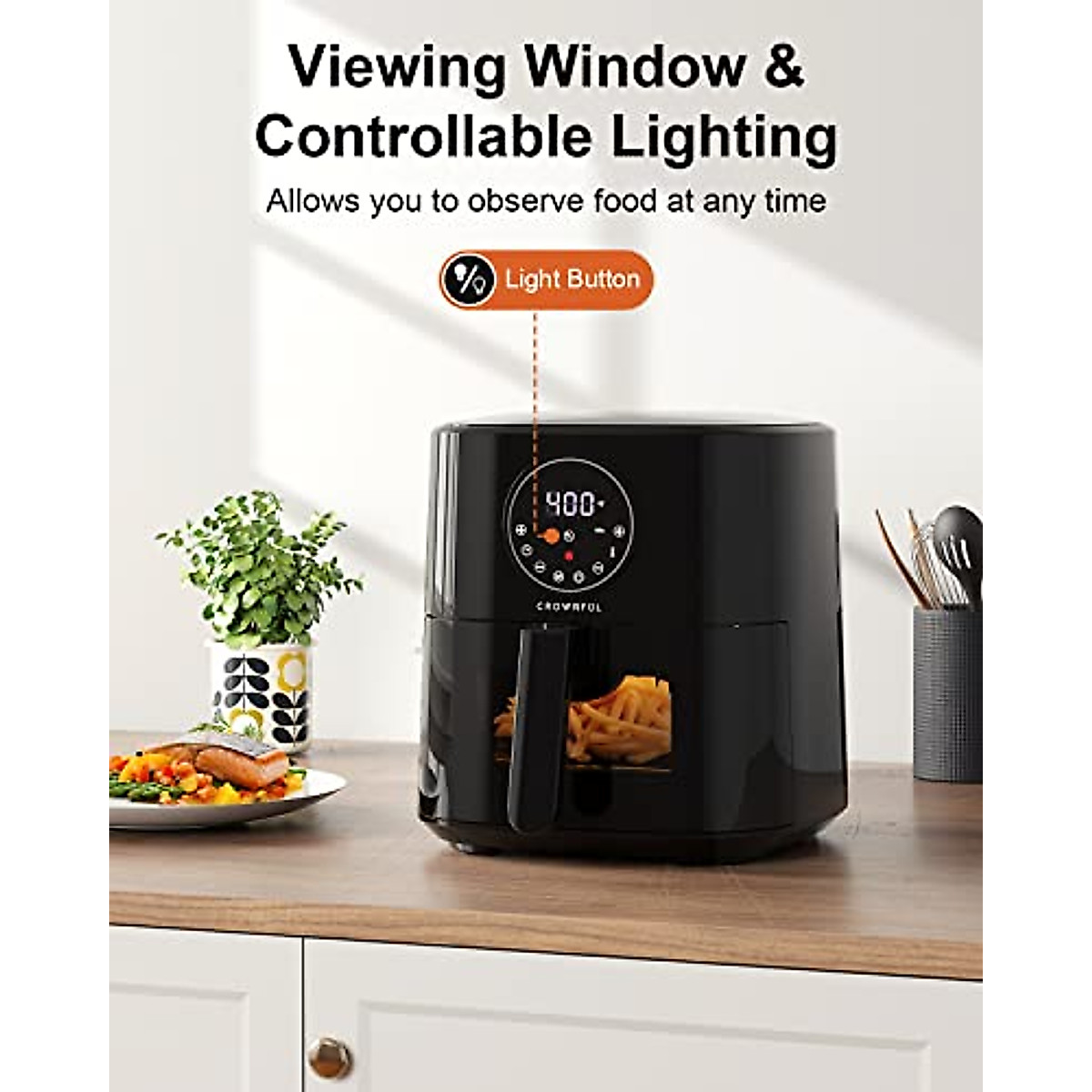 CROWNFUL 5 Quart Air Fryer with Viewing Window, Oilless Cooker, LCD Digital Touch Screen, 7 Cooking Presets and 53 Recipes, Nonstick Basket, Easy to Clean, 1500W ETL Listed (Black)