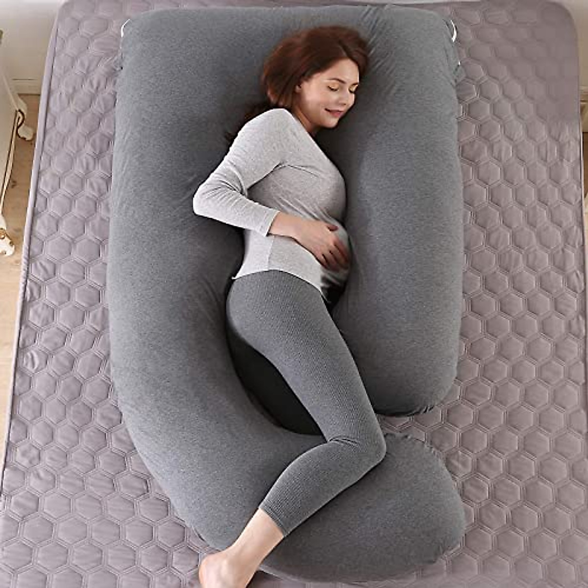Elover Pregnancy Pillows for Sleeping,U Shaped Full Body Pillow for Pregnancy Women with Removable Jersey Cotton Cover,57 Inch Maternity Pillow(Jersey,Dark Grey)