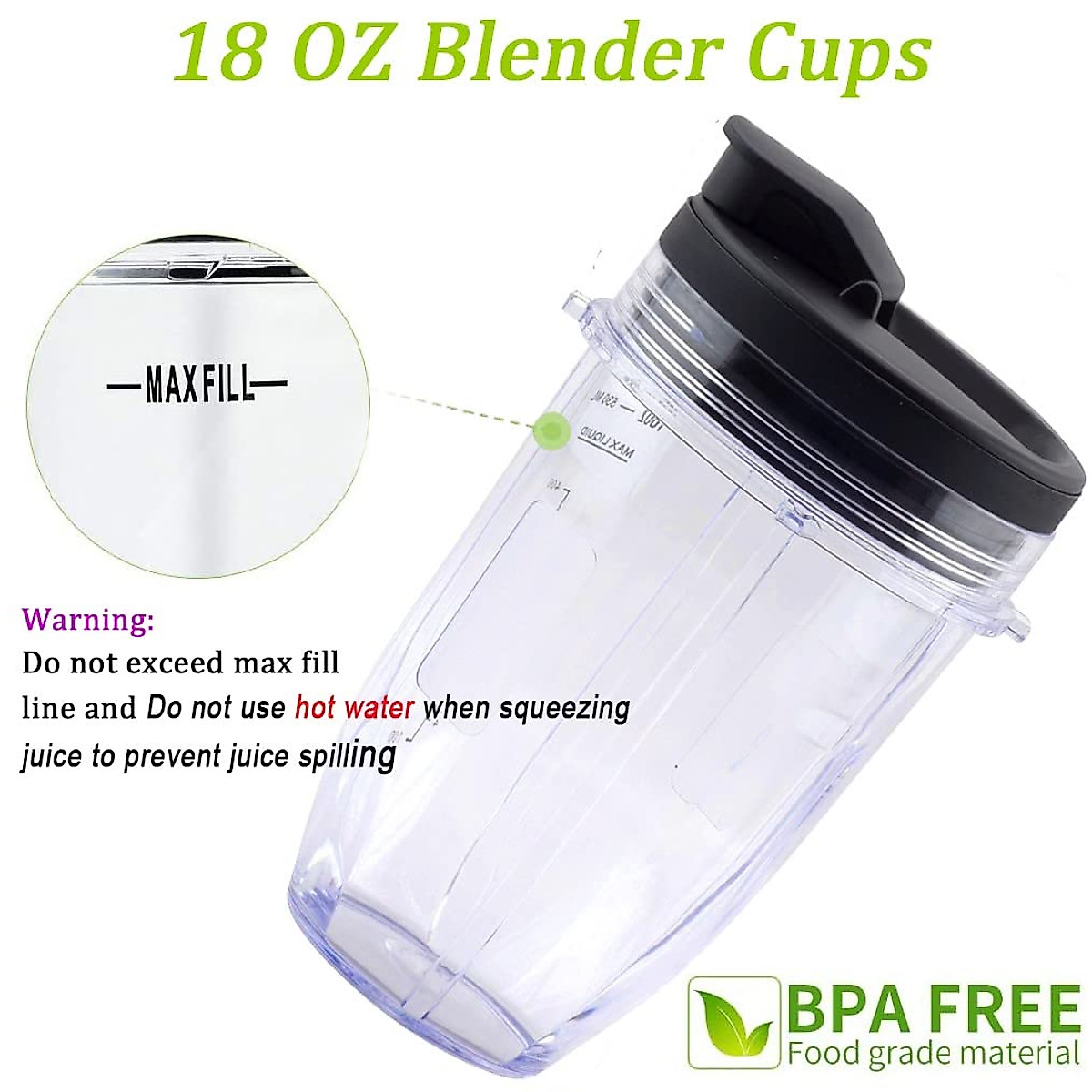 Replacement 18oz Blender Cup with Sip & Seal Lid For Nutri Ninja BL450 BL456 BL480 BL482 BL640 BL642 BL682 BN401 BN751 BN801 Foodi SS101 SS151 SS351 SS401 SS400 Ninja Blender Auto IQ Blade, 2-Pack