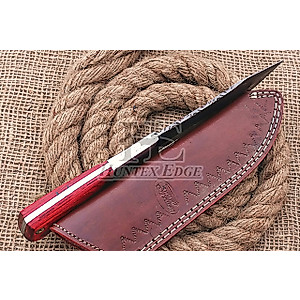 HUNTEX Handmade Hand-Forged Ladder Pattern Damascus Steel 10 Inch Long Full Tang Pakka Wood Handle Razor Sharp Hunting Camping Big Game Hunter Knife w/Genuine Leather Pouch