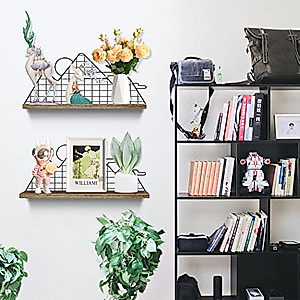 YOCOMEY 2 Packs Floating Shelves for Wall with Mountain Moon Cloud Decor, Rustic Wood Wall Shelves with Metal Wire, Wall Mounted Display Storage Geometric Decor for Bathroom Nursery Bedroom Office