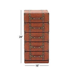 Deco 79 Wood Faux Leather 5 Drawer Chest with Buckle and Strap Detailing, 16" x 14" x 35", Brown