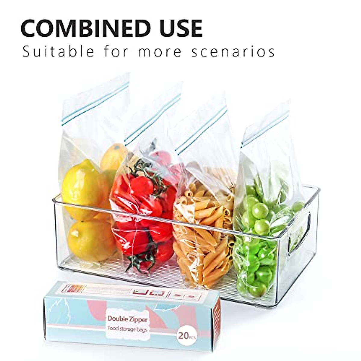 JOOFLI 6 Pack Refrigerator Organizer Bins Pantry Stackable Clear Plastic Storage Containers 3 Large and 3 Medium with 20 PCS Food Storage Bags for Fridge, Freezer, Kitchen Cabinet