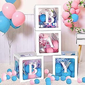 Uptotop 4 Pcs Baby Boxes with 30 Letters and 36 Balloons and 4 fairy string lights, for Baby Shower Gender Reveal Girl Boy Blocks Birthday Party Balloon Box Decorations(A-Z + BABY) 