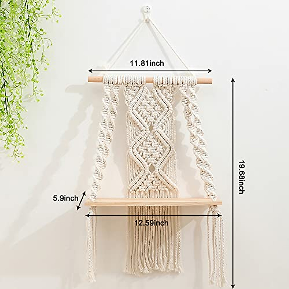 JERZO Macrame Hanging Wall Shelves, Boho Decor, Swing Rope Floating Shelf, Rustic Wood Storage Shelf for Bedroom Bathroom Living Room Nursery Dorm Room, Décor Plant Display