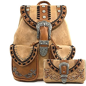 Justin West Trendy Western Rhinestone Leather Conceal Carry Top Handle Backpack Purse (Western Khaki Backpack Wallet Set)