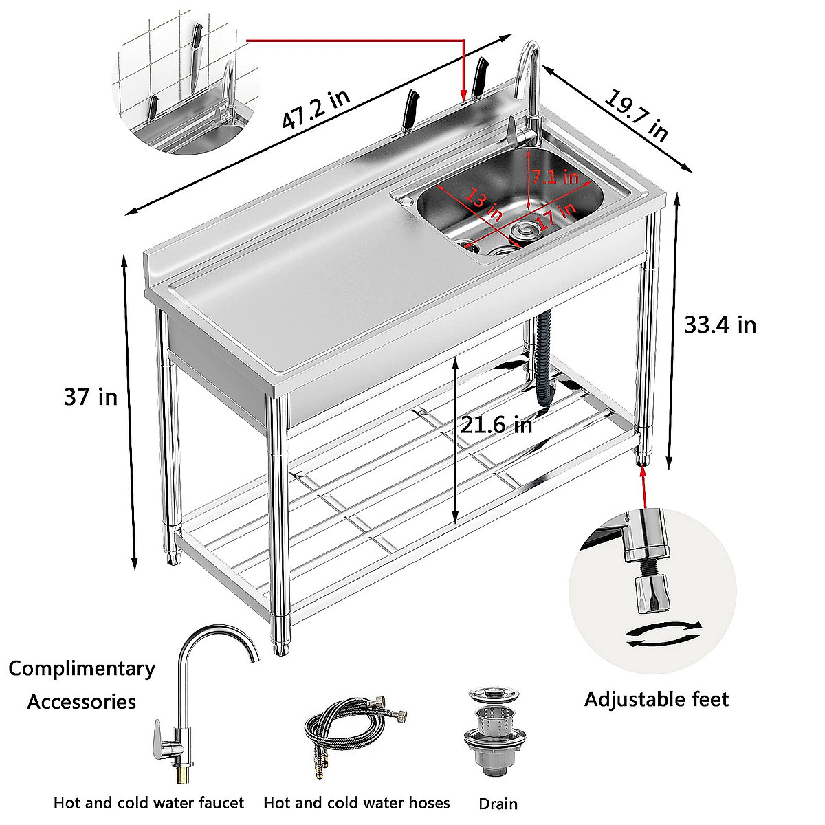 Free Standing Stainless-Steel Single Bowl, Commercial Restaurant Kitchen Sink Set w/Faucet & Drainboard, Prep & Utility Washing Hand Basin w/Workbench & Storage Shelves Indoor Outdoor (47in)