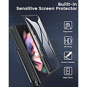 Viaotaily Galaxy Z Fold 3 Case with Pen Holder, Fold 3 Case with Hinge Protection & Screen Protector, Credit Card Storage Kickstand Cover Case for Samsung Z Fold 3 5G 2021(with S Pen Holder Black)
