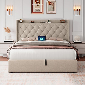 iPormis Queen Size Lift Up Storage Bed Frame with Charging Station, Upholstered Platform Bed Frame with Tufted Headboard, Hydraulic Storage, No Box Spring Needed, Noise-Free, Easy Assembly, Beige