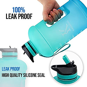 ez-FiT 1 Gallon & Half Gallon Bottles with Straw Time Marker & Motivational Water Bottle with Cleaning Brush Leakproof Reusable Gym Sports Outdoor (1 Gallon/128oz, Aquamarine/Deep SkyBlue Gradient)