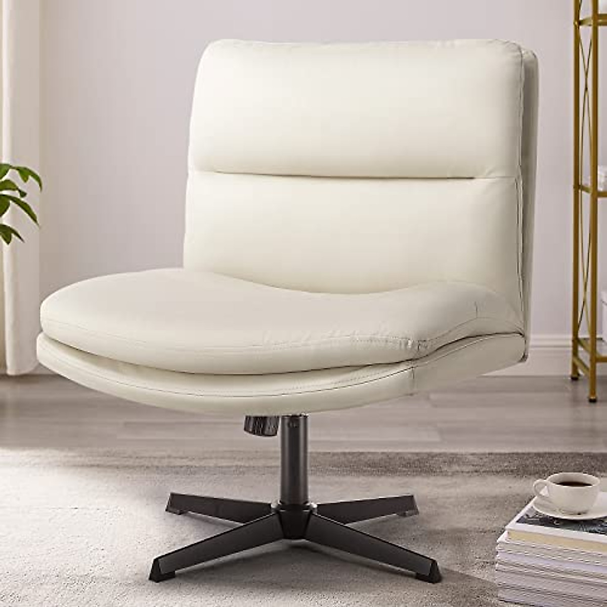 PUKAMI Armless Desk Chair No Wheels,PU Leather Criss Cross Legged for Home Office,Modern Swivel Vanity,Mid-Back Computer Chair,Height Adjustable Wide Seat Task Chair (Beige)