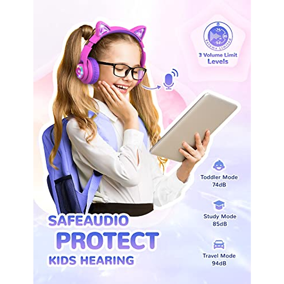 iClever Cat Ear Kids Bluetooth Headphones, LED Lights Up, 74/85/94dB Volume Limited, 50H Playtime,Bluetooth 5.2, USB C,Kids Headphones Wireless Over Ear for Travel iPad Tablet, Meow Macaron-Hot Pink