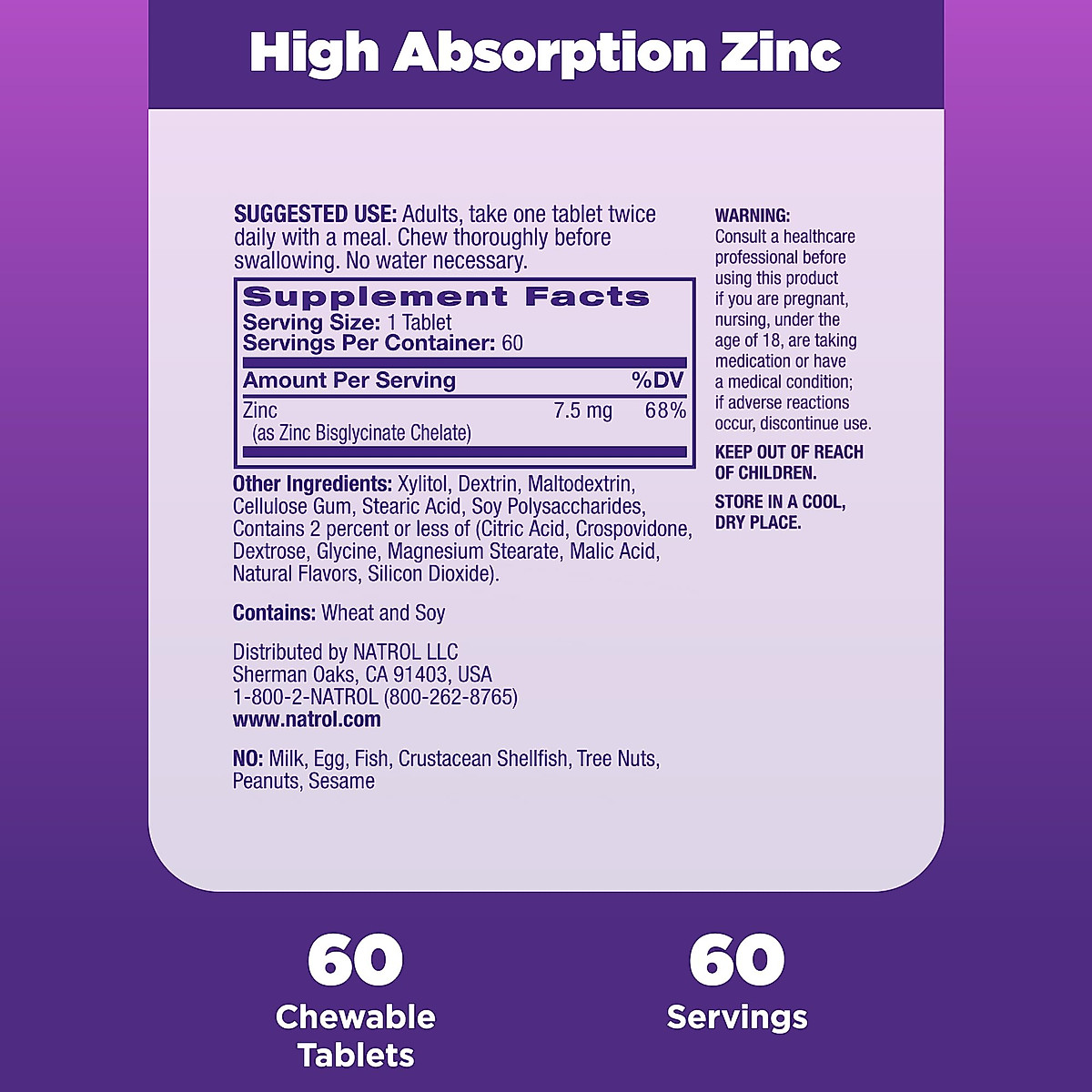 Natrol High Absorption Zinc 7.5 mg per Serving, Dietary Supplement for Immune Health, Chewable Tablets for Adults, 60 Zinc Tablets, 60 Day Supply