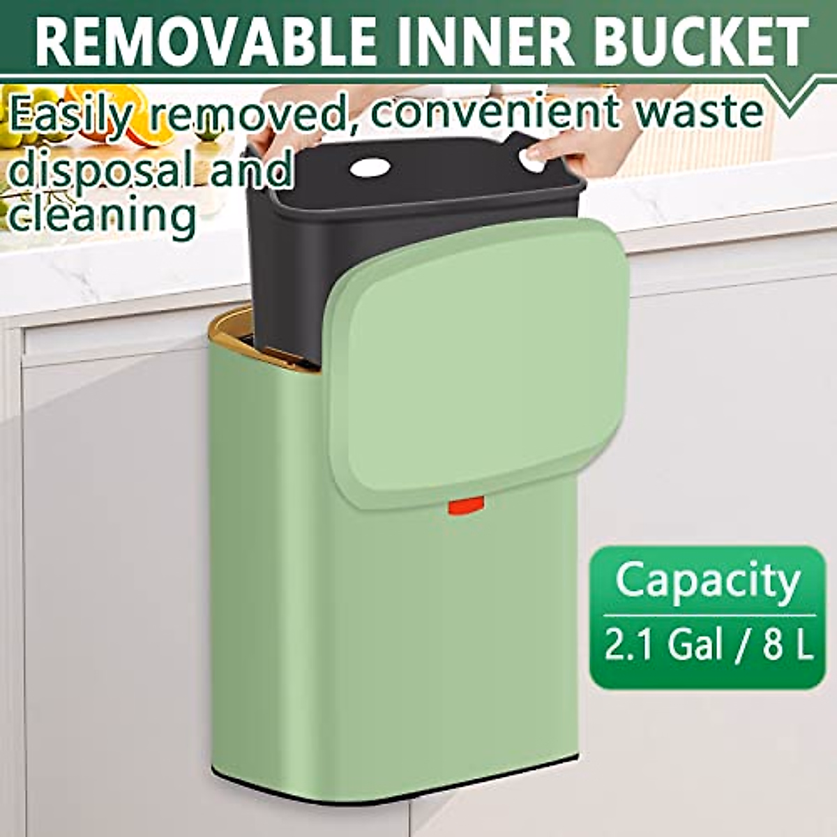 WAYCOM 2.1 Gal Compost Bin Kitchen for Counter Top or Under Sink,Compost Bin Stainless Steel Hanging Compost Bin with Lid for Cupboard/Bathroom/Bedroom/Office,Indoor Compost Bucket