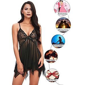 KEMIYA Lingerie for Women Lace Babydoll Sleepwear Boudoir Outfits V Neck Sleepwear Strap Chemise Black X-Large