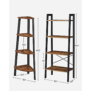 VASAGLE Corner Shelf Bundle with Ladder Shelf, 4-Tier Corner Bookshelf, Plant Shelf Stand for Living Room, Bedroom, Industrial Style, Rustic Brown and Black ULLS34X and ULLS44X
