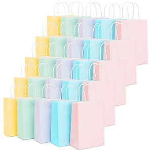 Juvale Pastel Paper Gift Bags with Handles for Goodies, Baby Shower, Party Favors (25 Pack, 5 Colors, 8.5 x 6.2 x 3.1 in)