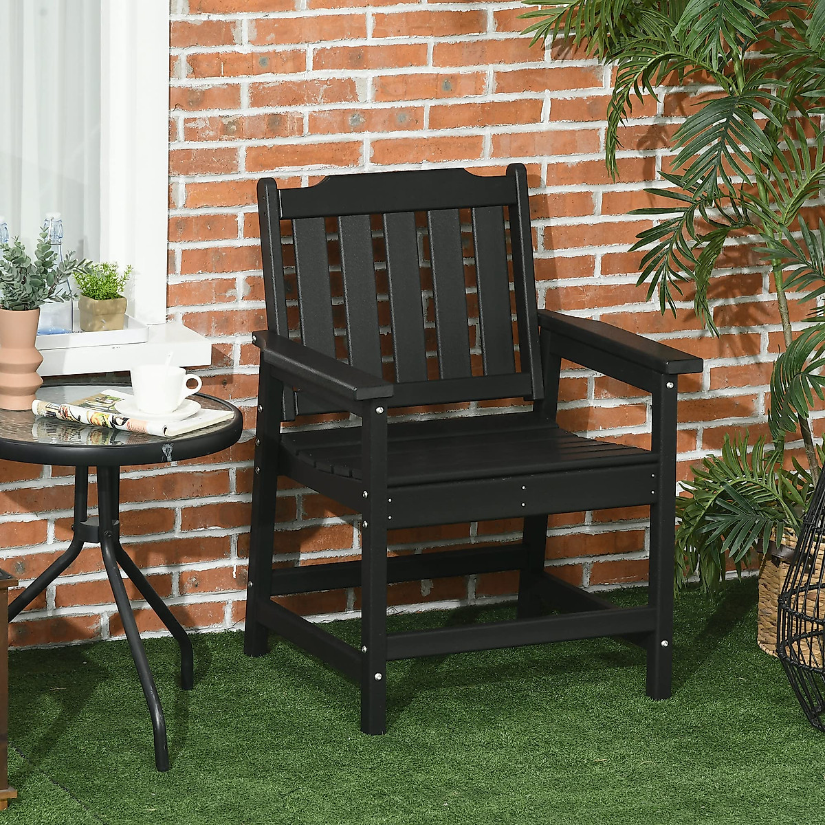 Outsunny All-Weather Patio Chair, HDPE Patio Dining Chair, Heavy Duty Wood-Like Outdoor Furniture for Garden, Backyard, Deck, Porch, Lawn, Black