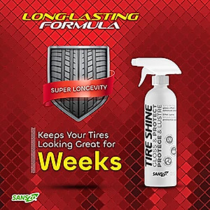 SansZo Tire Shine - One-Step Automotive Clear Coat Tire Dressing Spray for Glossy Wet Tire Look - Non-Greasy Auto Detailing for Rubber, Vinyl & Plastic, with UV Protector, with Microfiber Cloth, 24oz