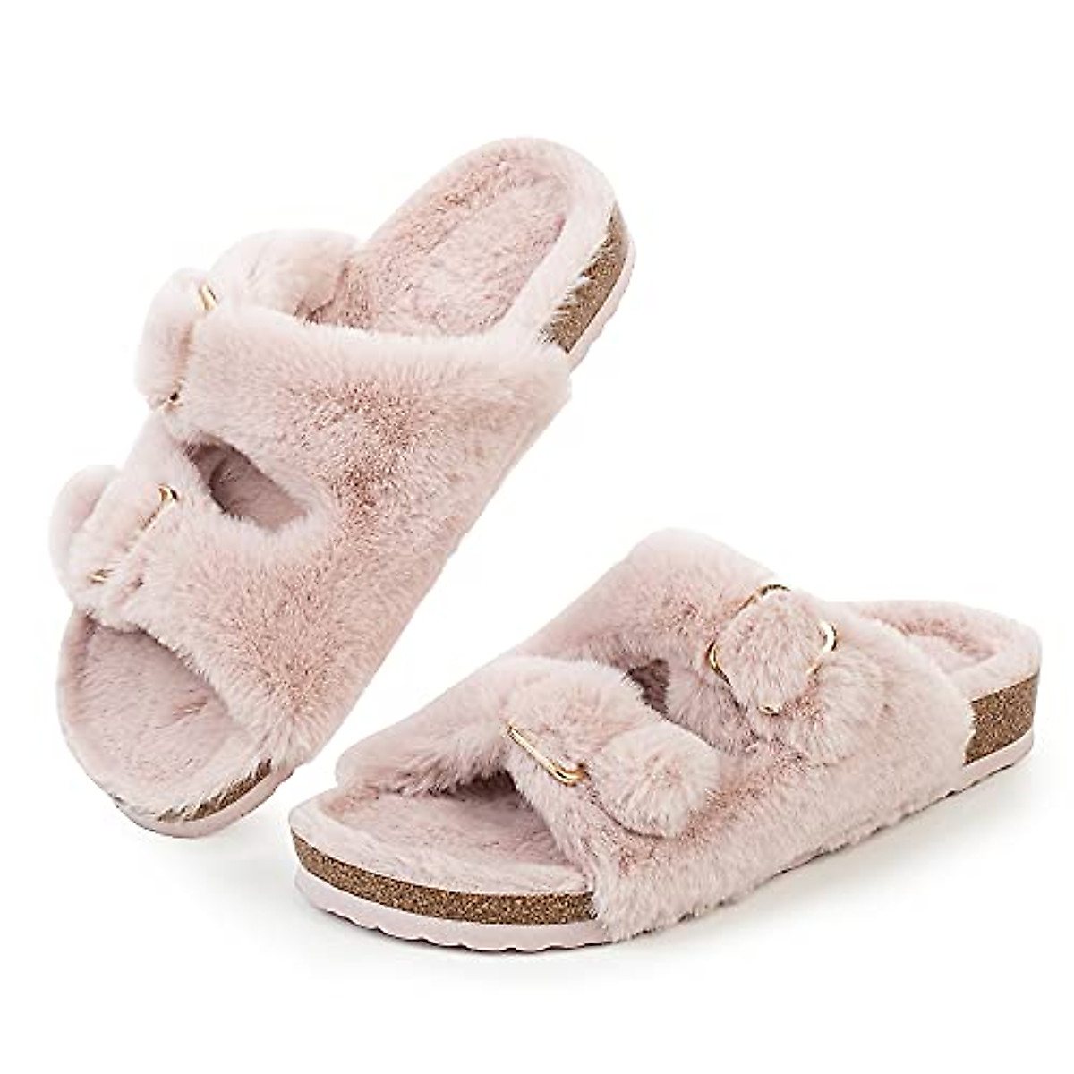 FITORY Womens Open Toe Slipper with Cozy Lining,Faux Rabbit Fur Cork Slide Sandals Pink Size 8