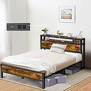 Codesfir Queen Size Bed Frame Industrial Platform Bed with Charging Station 2-Tier Storage Headboard and Strong Support Legs, Noise-Free, No Box Spring Needed, Vintage Brown