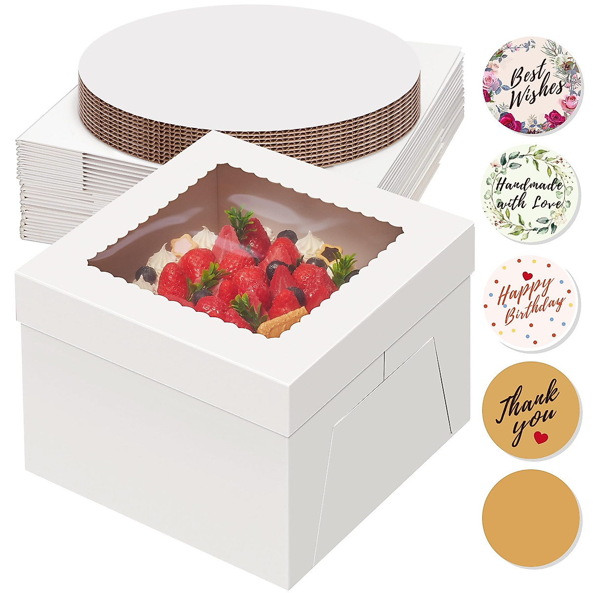 Kootek 10 Sets Cake Boxes 10 inch, 10x10x8 Inches White Bakery Box with Boards, Tall Cake Cardboard Containers for Multi-Layer Cakes, Cake Decorating for Mother's Day