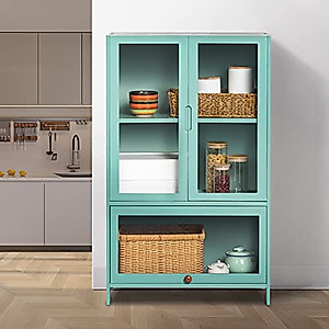 MoNiBloom Bamboo Storage Cabinet with Doors 3 Tier Bamboo Sideboard Floor Standing Cupboard Display Shelf for Dining Room Kitchen Living Room, Green