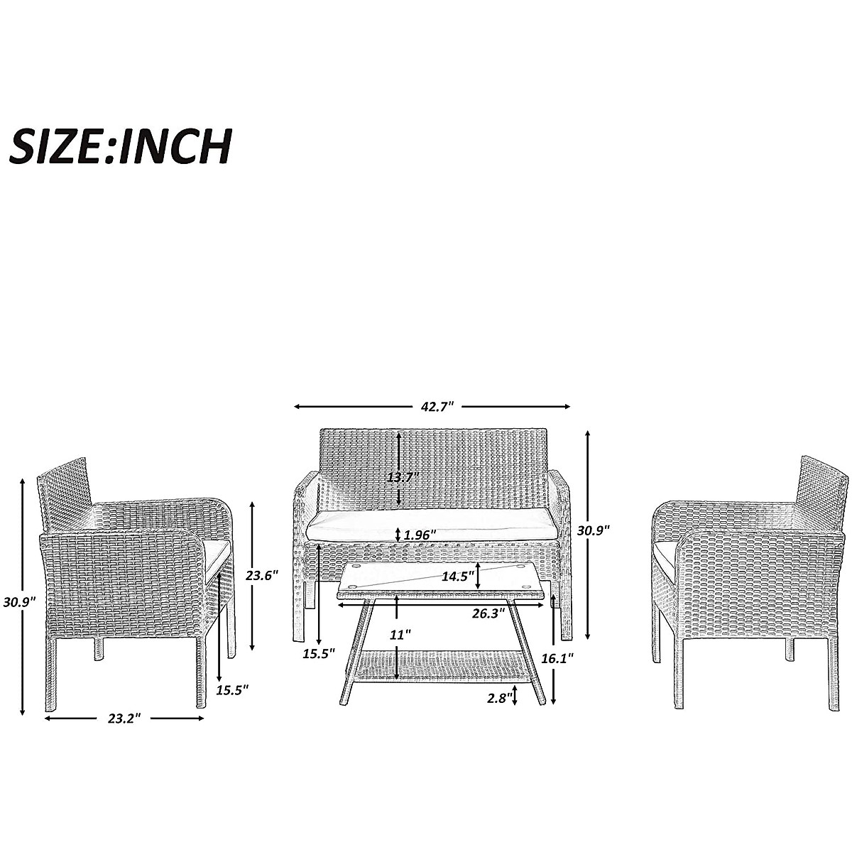 STP-Y 4 Pieces Outdoor Patio Furniture Set All-Weather Wicker Sofa Set Rattan Chair with Tempered Glass Table, Cushioned Seats Conversation Sets, Blue (Color : Blue)