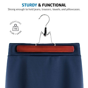 ZOBER High-Grade Wooden Pants Hangers with Clips, 10 Pack, Non-Slip, Space Saver, Rotatable 360 Hook, Smooth Cherry Wood Finish