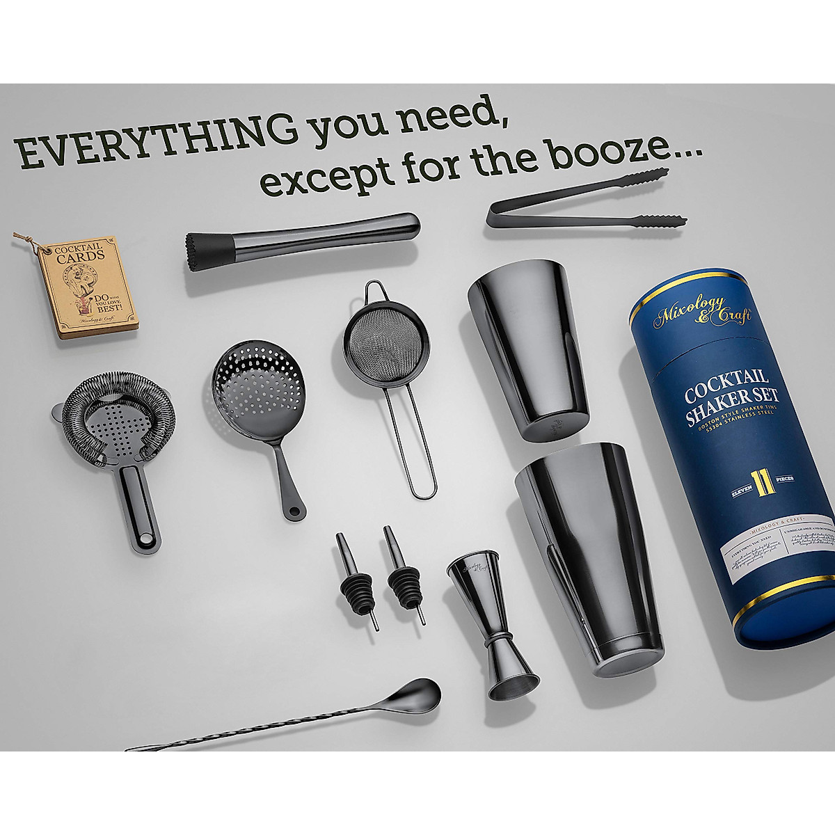 Mixology & Craft Cocktail Shaker Set - 11-Piece Bar Accessories Kit w/Weighted Boston Shaker, Strainer, Jigger, Muddler and More - Home Bartending Tools, Accessories for Bartender, Black