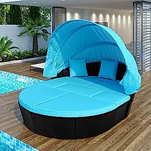 Outdoor Rattan Lounge Chair with Retractable Rattan Furniture, Round Outdoor Sectional Sofa Set, Black Rattan Furniture Flip Seat with Washable Cushions, Backyard, Porch