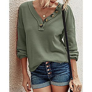 BTFBM Women Long Sleeve Shirts Fall Fashion 2025 V Neck Loose Casual Blouse Deco Button Lightweight Waffle Knit Pullover(Army Green, Small)