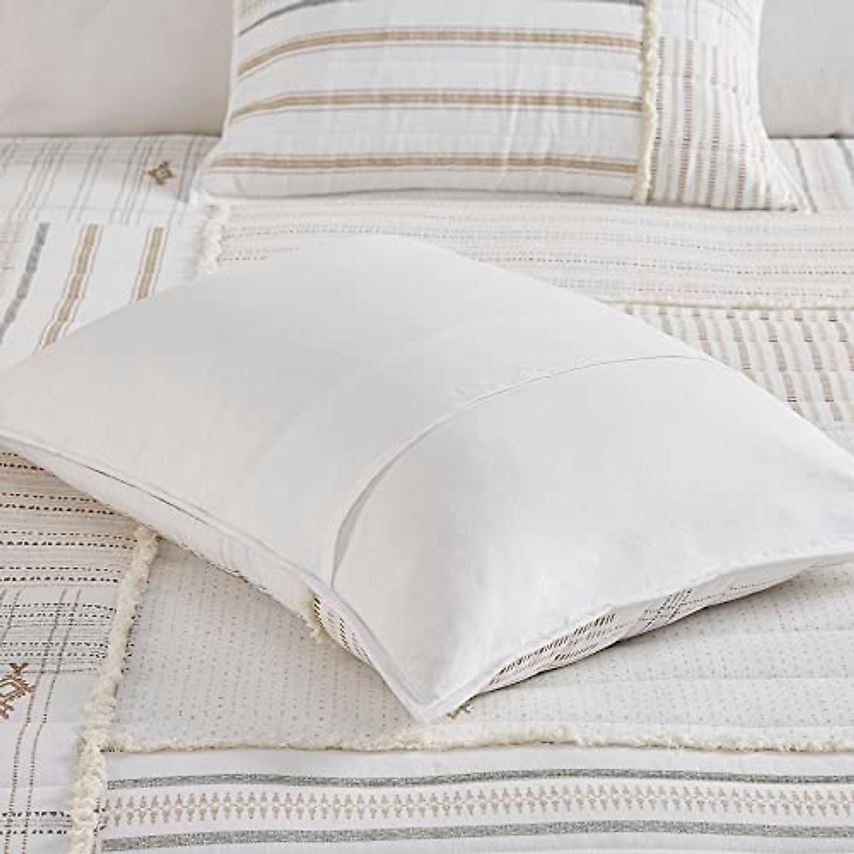 INK+IVY Salar Cotton Quilt Set - Stripe Patchwork Design with Fringe Trim Accent, Prewashed Coverlet, All Season, Breathable and Lightweight Cover, Cozy Summer Blanket, King/Cal King Natural 3 Piece