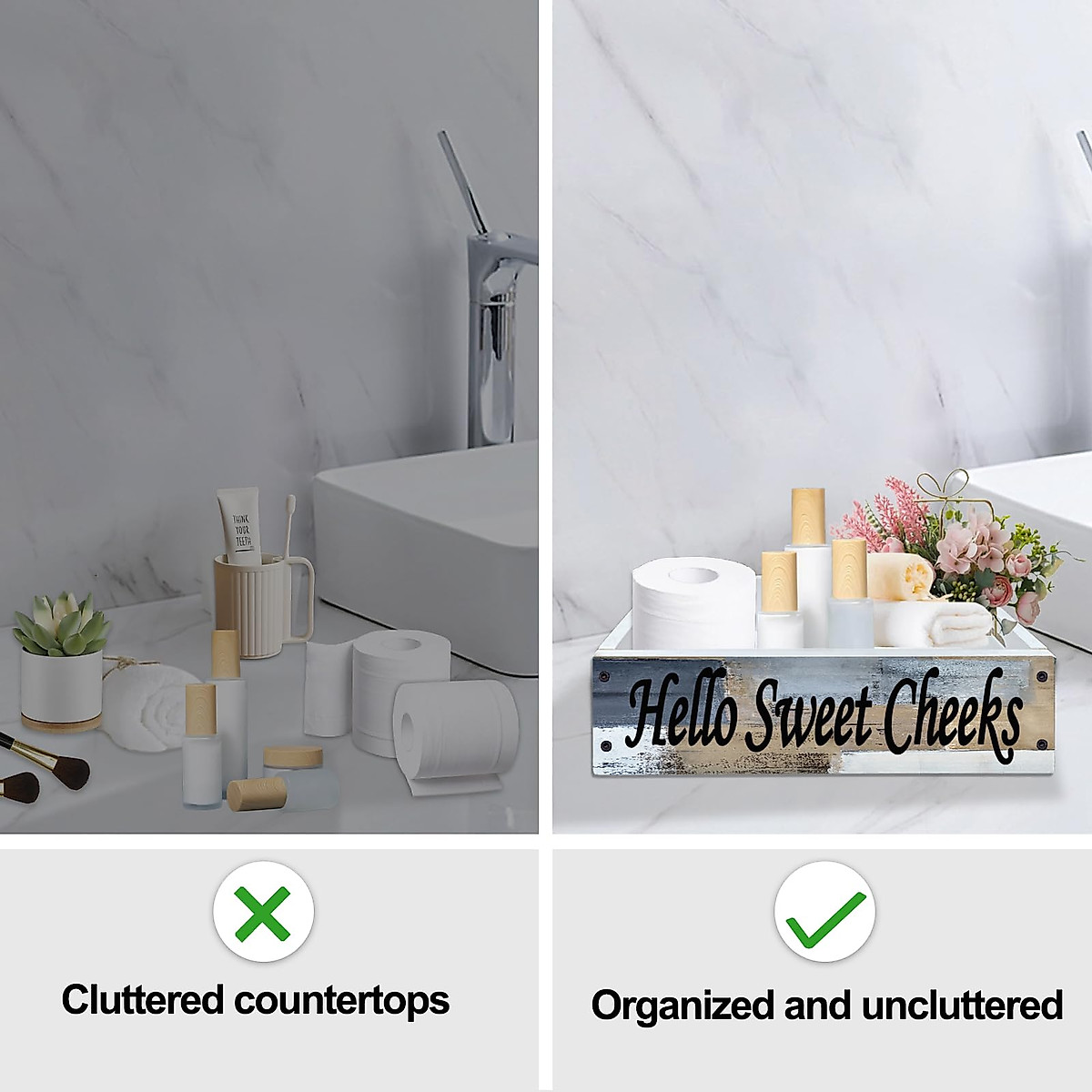 Lnond Rustic Bathroom Decor Box, Bathroom Toilet Tank Tray Storage Basket, Hello Sweet Cheeks Bathroom Wooden Toilet Paper Basket with Handle (Blue and Brown)