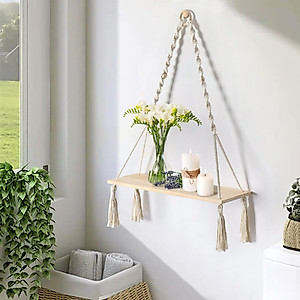 Betylifoy Macrame Wall Hanging Shelves Rustic Macrame Shelf Set of 2 Boho Wall Decor Wood Floating Storage Shelves Plant Hanger for Bedroom Bathroom Living Room Photo Display