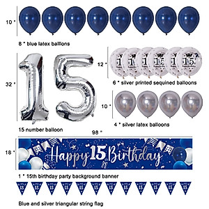 15th Birthday Decorations for Boys and Girls Blue, Happy 15th Birthday Backdrop Banner Balloons 15 Years Old Party Supplies with HAPPY BIRTHDAY Banner Silver 15 Birthday Decor 15th Bday Women Her Him