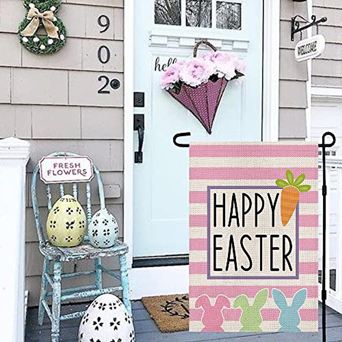 Happy Easter Bunny Garden Flag Double Sided Vertical Burlap 12×18 Inch Rabbit Outdoor Yard Farmhouse Decor DF020