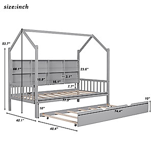 Bellemave Twin Size House Beds with Trundle and Storage Shelves, Kids Montessori Bed Wood Playhouse Tent Bed Frame for Girls Boys, Gray