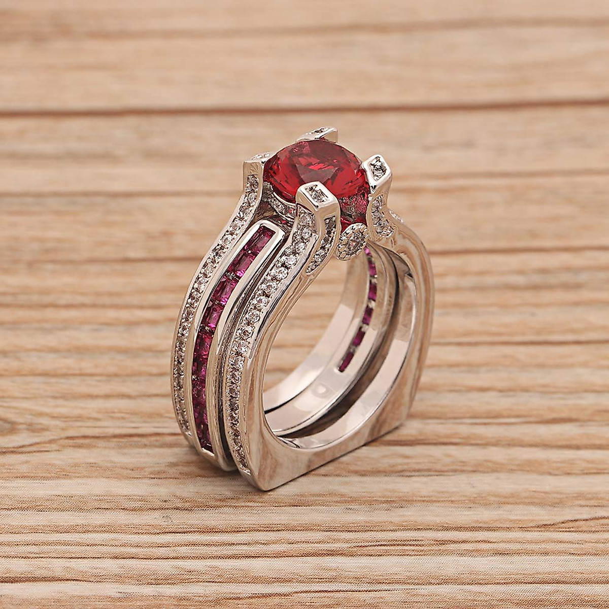 Birstone Engagement Rings Sets Rose Red Color Wedding Ring Set for Women Jewelry (Rose Red, 5)