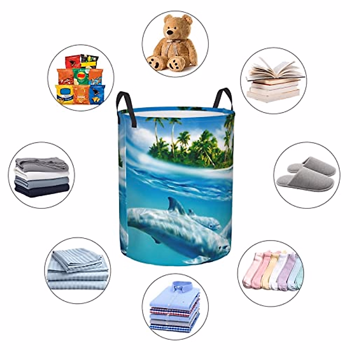 Underwater Sea Dolphin Large Laundry Basket, Laundry Hamper with Handle Collapsible Dirty Clothes Hamper Round Storage Basket for Bedroom Clothes Storage