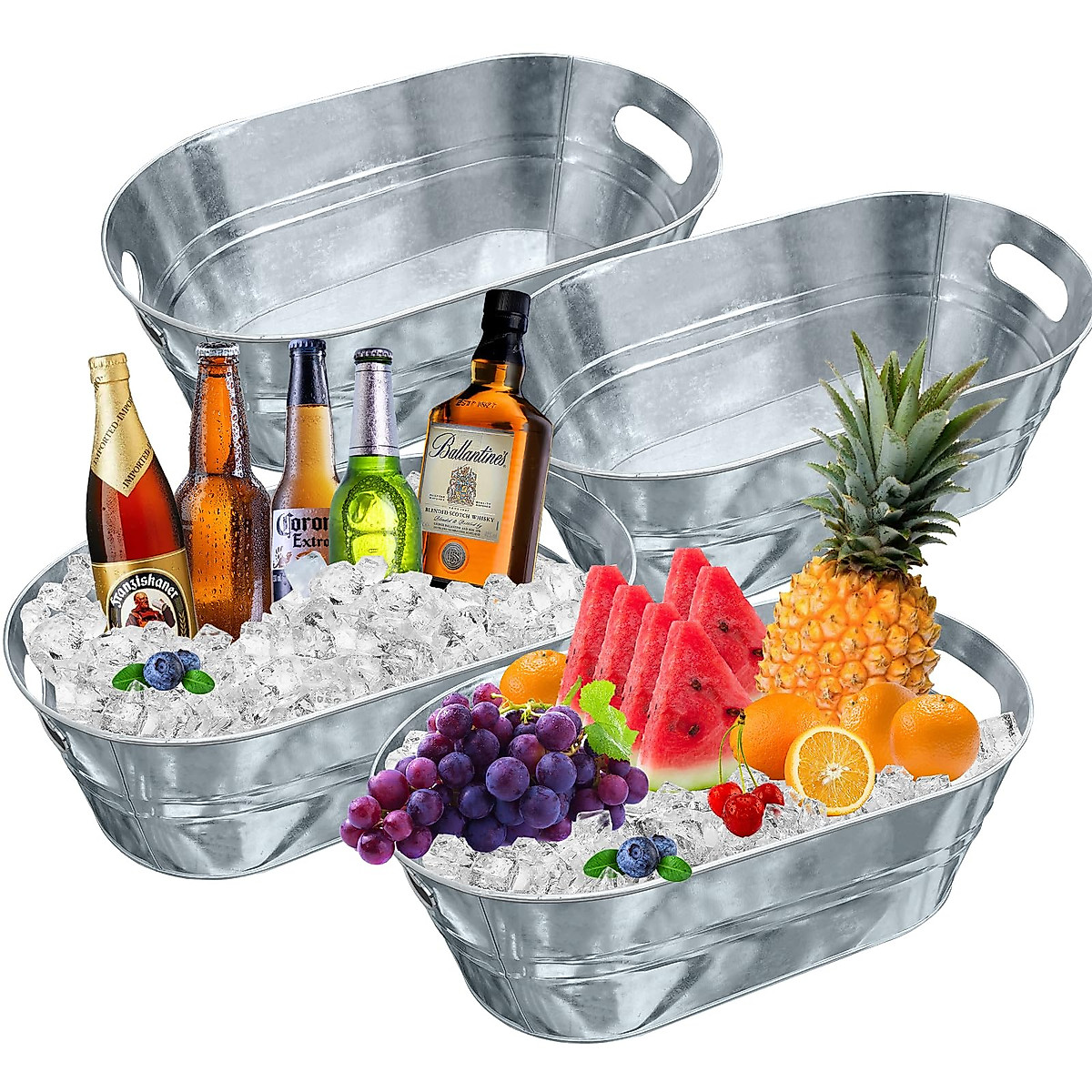 4PCS 3 Gallon Galvanized Tub with Carry Beer Drink Storage Cooler Metal Beverage Ice Tub Galvanized Ice Buckets for Party