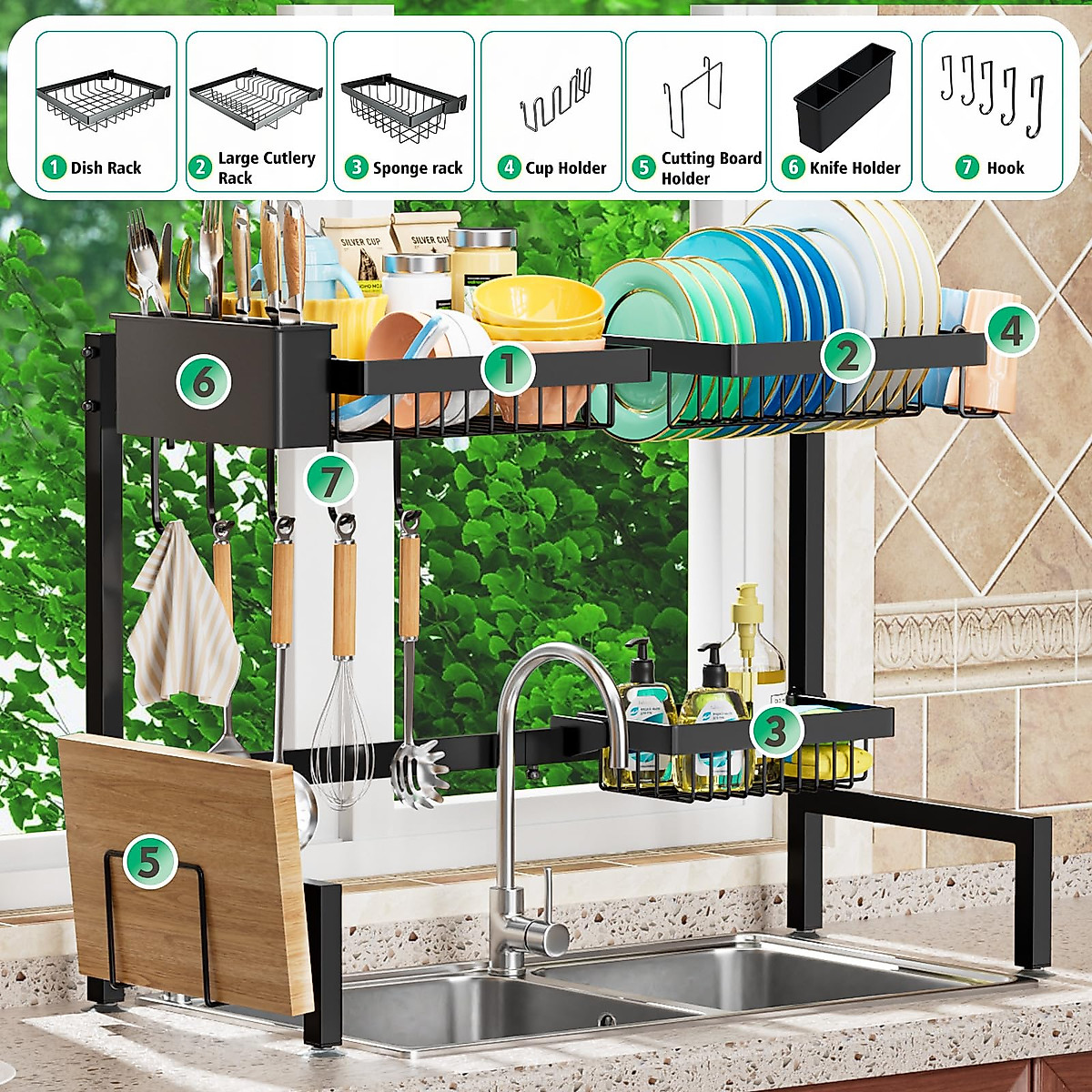 YKLSLH 2 Tiers of Retractable Large Over The Sink Dish Drying Rack with 3 Baskets, for All Sinks (22.8"-39.4"),Adjustable Large Capacity Sink Rack, Iron Drain Rack to Save Space（2 Tiers-3 Baskets）