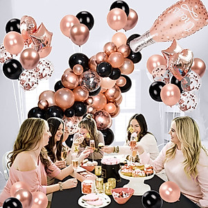 Winrayk Black Rose Gold Birthday Party Decorations for Women Girls, Rose Gold and Black Balloons Garland Arch Kit & Backdrop Tablecloth Champagne Star Love Foil Balloon, Rose Gold Birthday Decorations