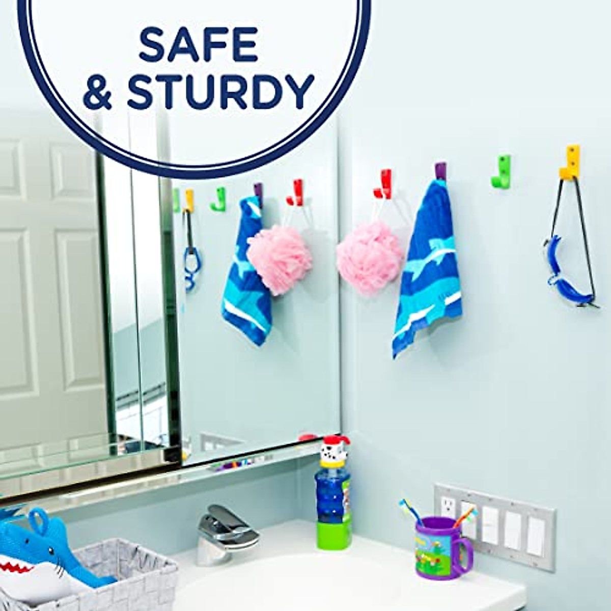 Toughook Heavy Duty Hooks for Hanging Coats, Jackets, Backpacks, Baseball Hats - Wall Mounted Rainbow Color Hangers for Kids, Perfect Hook for Classrooms, Bathroom Robes and Towels | J Hook 7-Pack