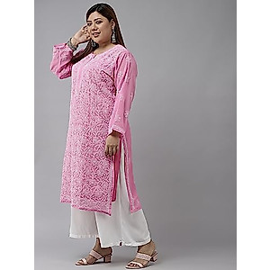 Ada Hand Embroidered Indian Chikankari Traditional Georgette Kurti Kurta Tunic Dress A411221 (L, Pink)